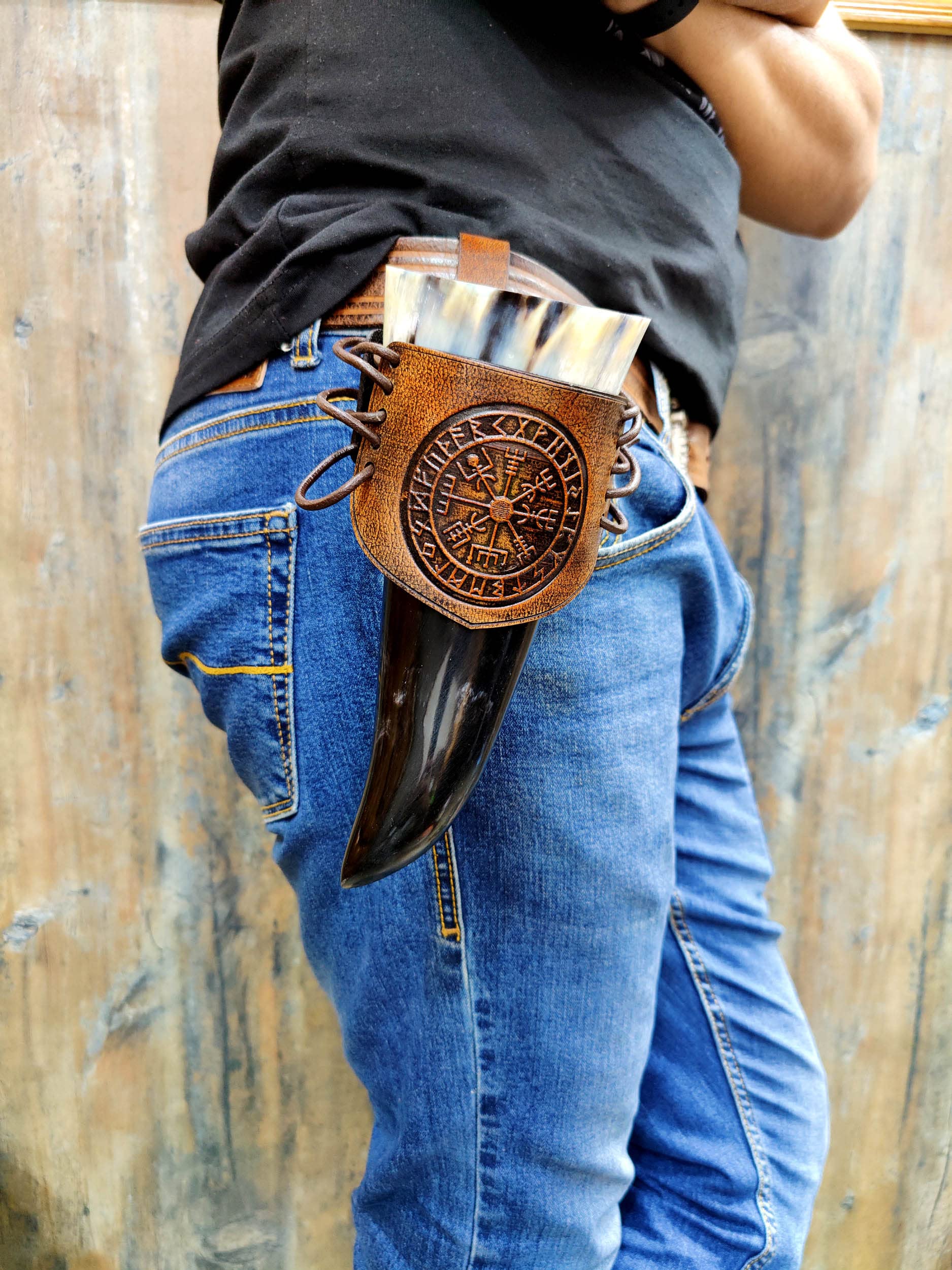 5MoonSun5's Medieval Viking Leather Belt Attachment Genuine Leather Hanger/Holster/Holder for 12" to 16'' Viking Drinking Horn Handcrafted Accessory securely attaching it to your belt, bag,or backpack