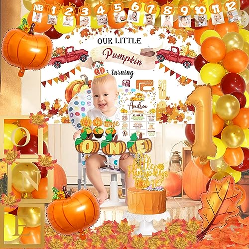 174 PCs Our Little Pumpkin Is Turning One Decorations, Hombae Thanksgiving Fall Pumpkin 1st Birthday Party Backdrop Balloon Garland Maple Leaf Banner Tablecloth Box Cutout Cake Topper Crown Poster