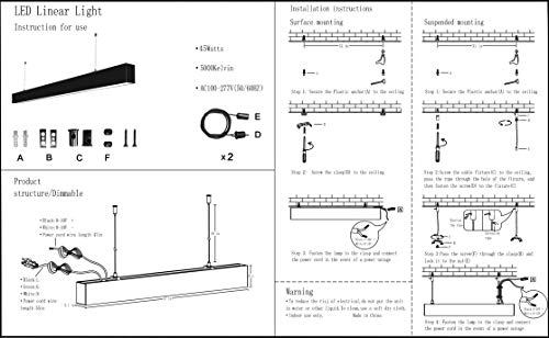 4ft LED Linear Light Fixtures Architectural Suspended Light with Plug, 4FT 45W Black Finish 0-10V Dimmable Office Lighting Fixture for Residential and Commercial Places, 4800lm, ETL 100-277V