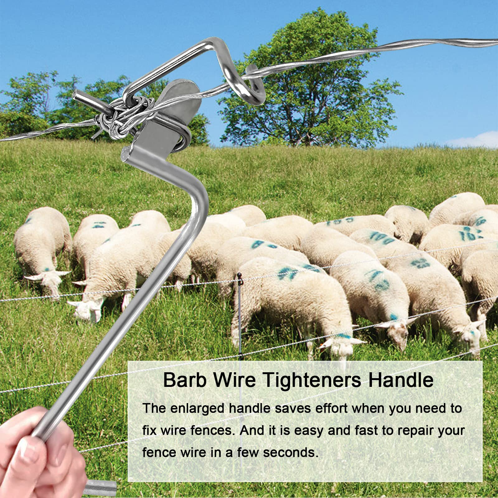 20 Pcs Fence Wire Tightener Tool with Tighteners Handle, Stainless Steel Barbed Wire Fence Tool for Tightening and Fixing Fences