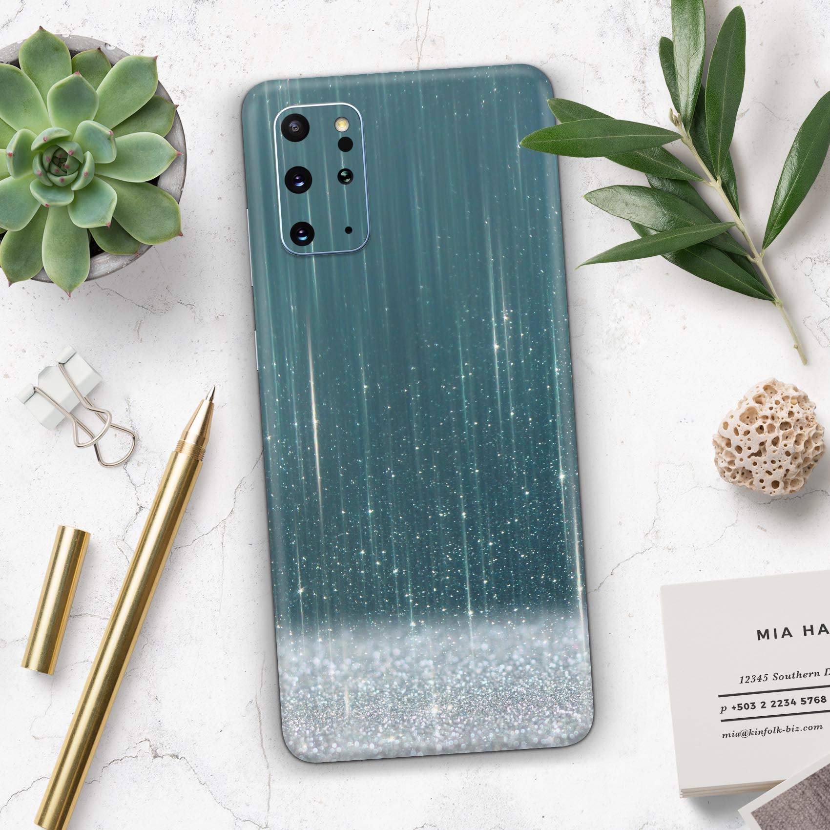 DesignSkinz Scratched Teal and White Surface with Silver Sparkle Protective Vinyl Decal Wrap Skin Cover Compatible with The Samsung Galaxy S20 (Screen Trim & Back Glass Skin)