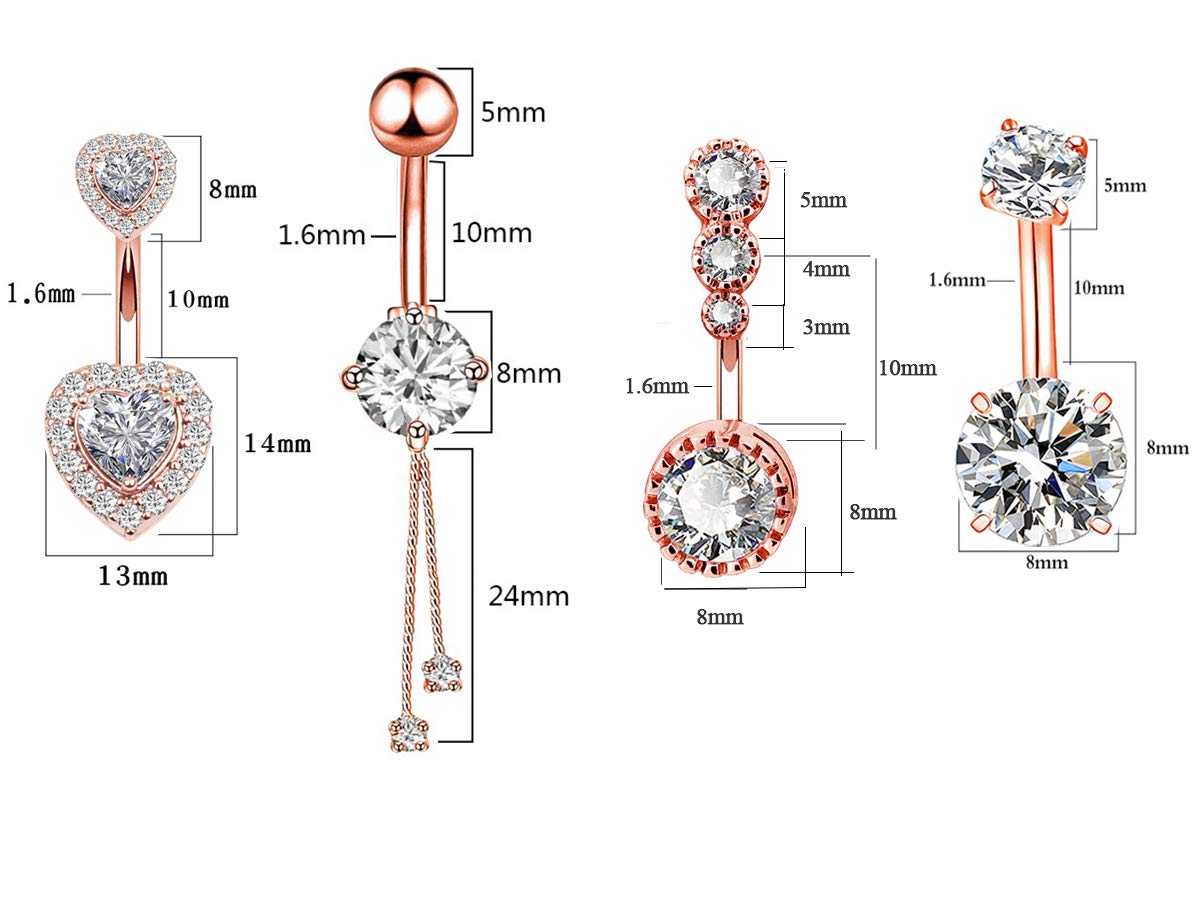 14G Surgical Steel Belly Button Rings Round/Love Heart Clear CZ Navel Curved Barbell Studs Sexy Body Piercing (4PCS - Rose Gold)