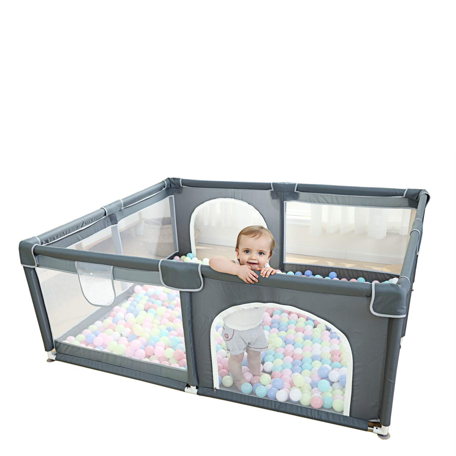 Baby Playpen, Extra Large Playard for Toddlers, 29+ sq. ft Space, Kids' Safety Playard & Activity Center, Large Ball Pit for Indoor & Outdoor, Portable Anti-Fall Playpen for Infants (Grey)