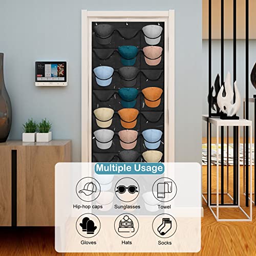 27 Pockets Hat Rack For Baseball Caps, Baseball Hat Organizer for Wall/Over the Door, Caps Hat Holder Hanger For Closet With Large Clear Pockets & 3 Hooks, Hat Storage to Protect and Display (Black)