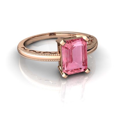 14kt Rose Gold Lab Pink Sapphire 8x6mm Emerald_Cut Milgrain Scroll Ring - Size 5.5