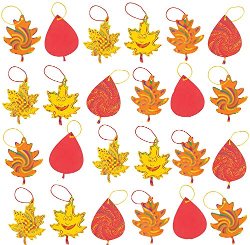 Neliblu Magic Fall Colors Scratch Fall Craft Art Set - Colorful Scratch Paper Autumn Leaves in Bright Fall Colors - Set of 24 Leaves, 24 Scratch Sticks and 24 Ribbons