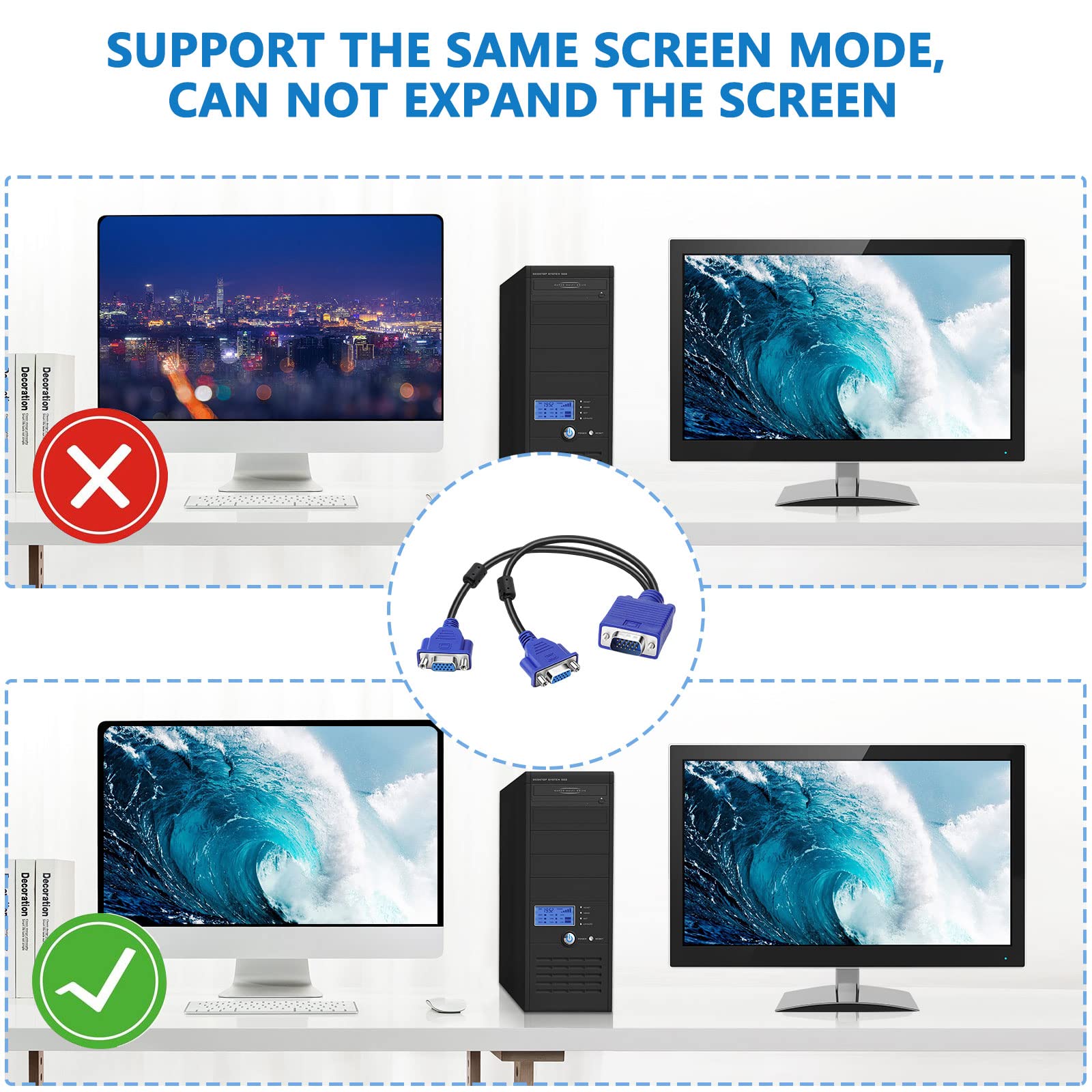 SAISN Dual VGA Splitter Monitor Cable 1 Male to 2 Female Adapter Converter VGA Video Y Cable Cord for Screen Duplication