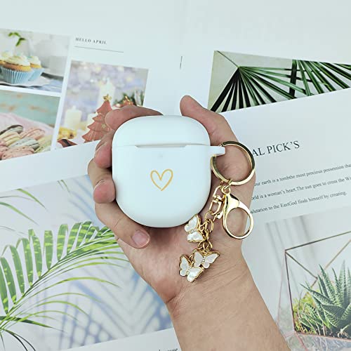 AIIEKZ Compatible with Bose QuietComfort Earbuds II 2022, Soft Silicone Case with Gold Heart Pattern for Bose QC II Case with Cute Butterfly Keychain for Girls Women (White)