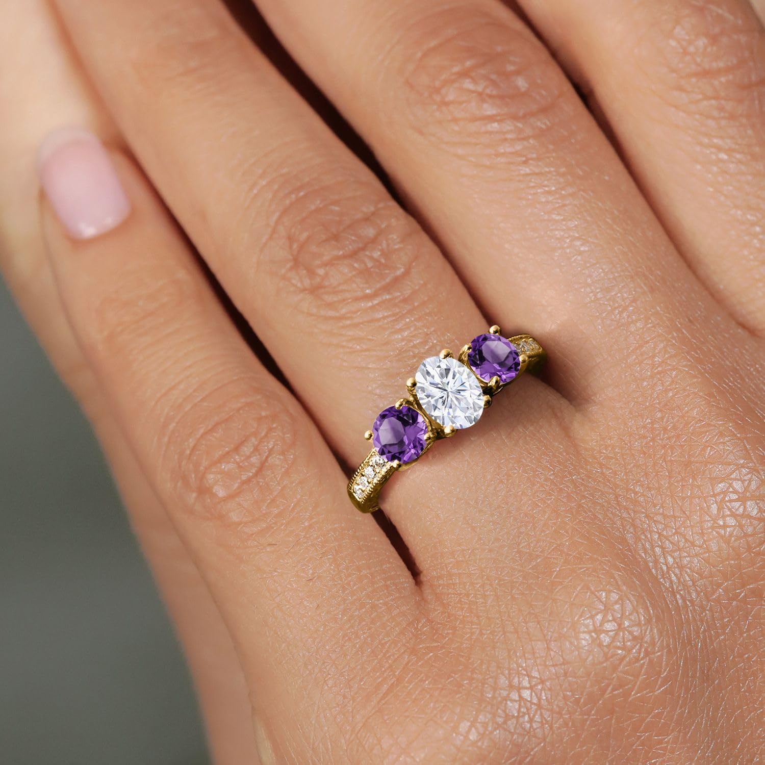 18K Yellow Gold Plated Silver 3-Stone Ring Forever Brilliant Oval 1.97cttw Moissanite by Charles & Colvard and Amethyst (Size 7)