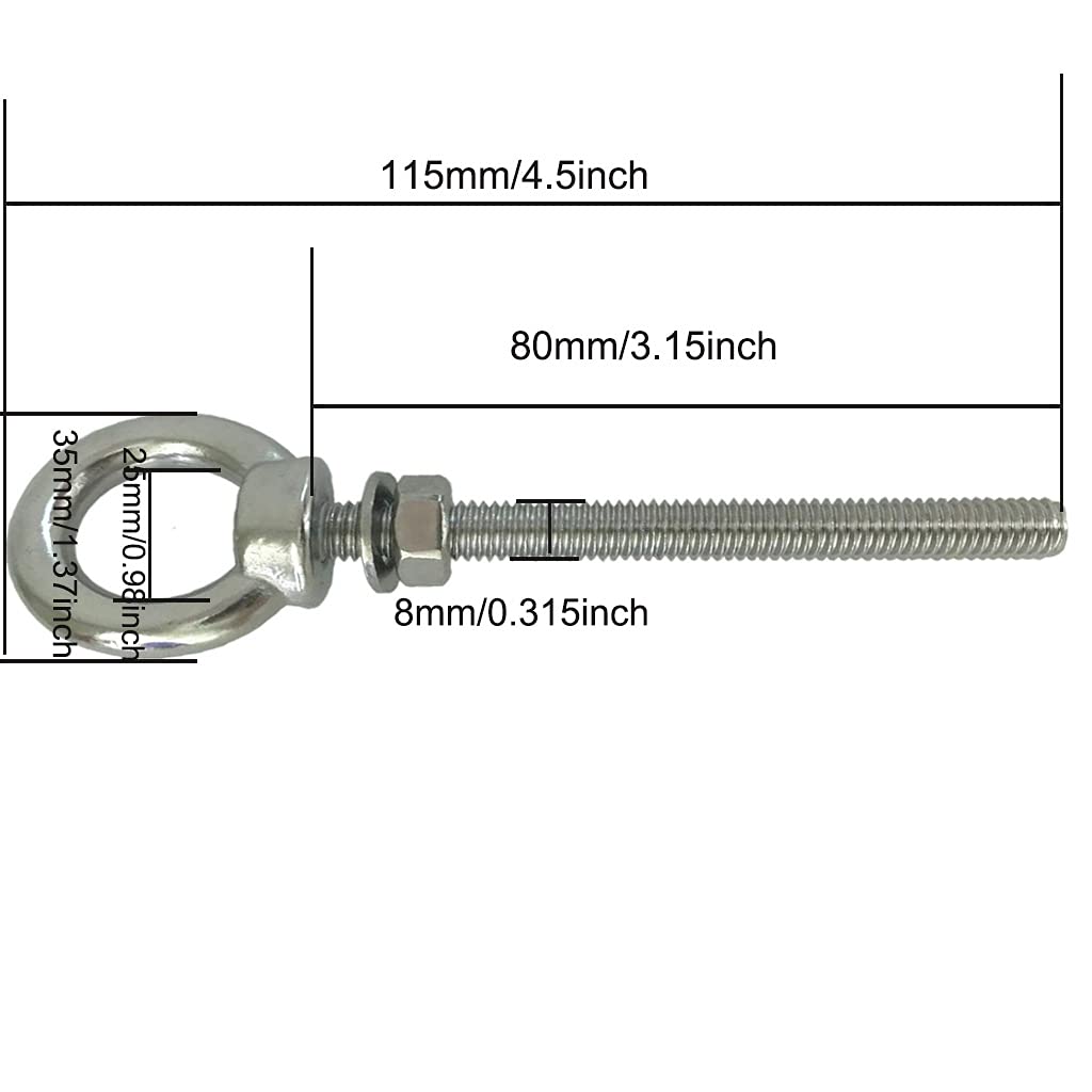 HYXXYY Stainless Steel Eye Bolt, 2pack M8 Shoulder Eye Bolts 5/16" X 3.15"with Nuts and Washer Thread Lifting Ring Eyebolt