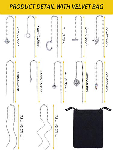 12 Pairs Threader Earrings for Women Stainless Steel Chain Tassel Earrings Threader Lightweight Wave Long Bar Arrow Drop Dangle Chain Earrings Set (Silver)