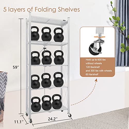 ALANNG 5 Tier Storage Shelves Heavy Duty on Wheels, Foldable Metal Shelving Units 11.1" D x 24.2" W x 59" H for Garage Kitchen Bakers, No Assembly Organizer Rack White