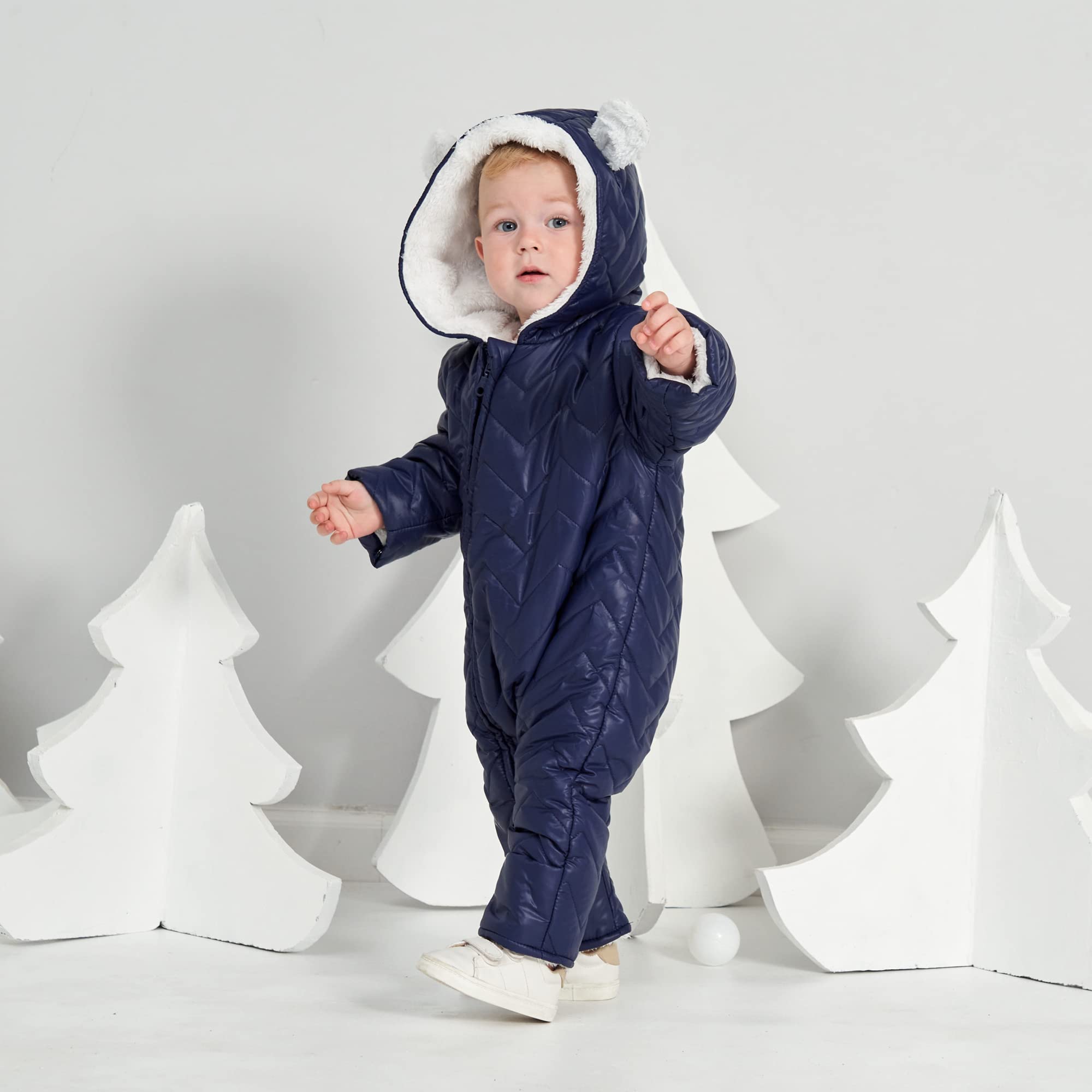 Bafeicao Baby Boy Girl Winter Hooded Snowsuit Romper Zipper Padding Bodysuit Infant Puffer Jacket with Gloves 9-12 Months, Navy Blue