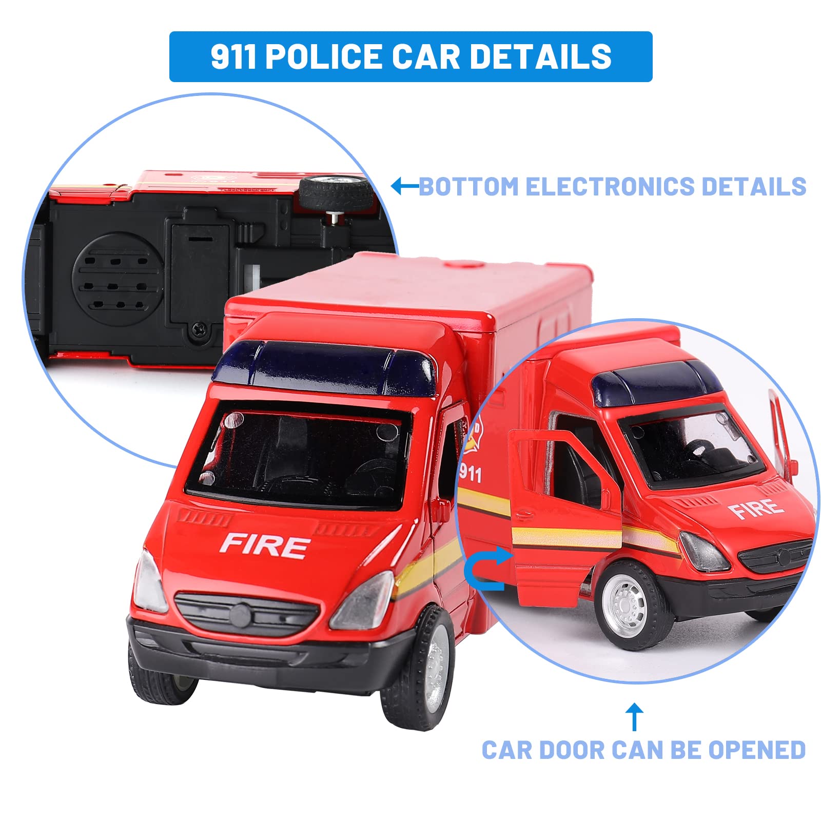 2 Pack Diecast Emergency Vehicle Toy Playsets,Pull Back Alloy Metal Car with Openable Doors,Fire Truck,Police Car Playset for Kids Boys