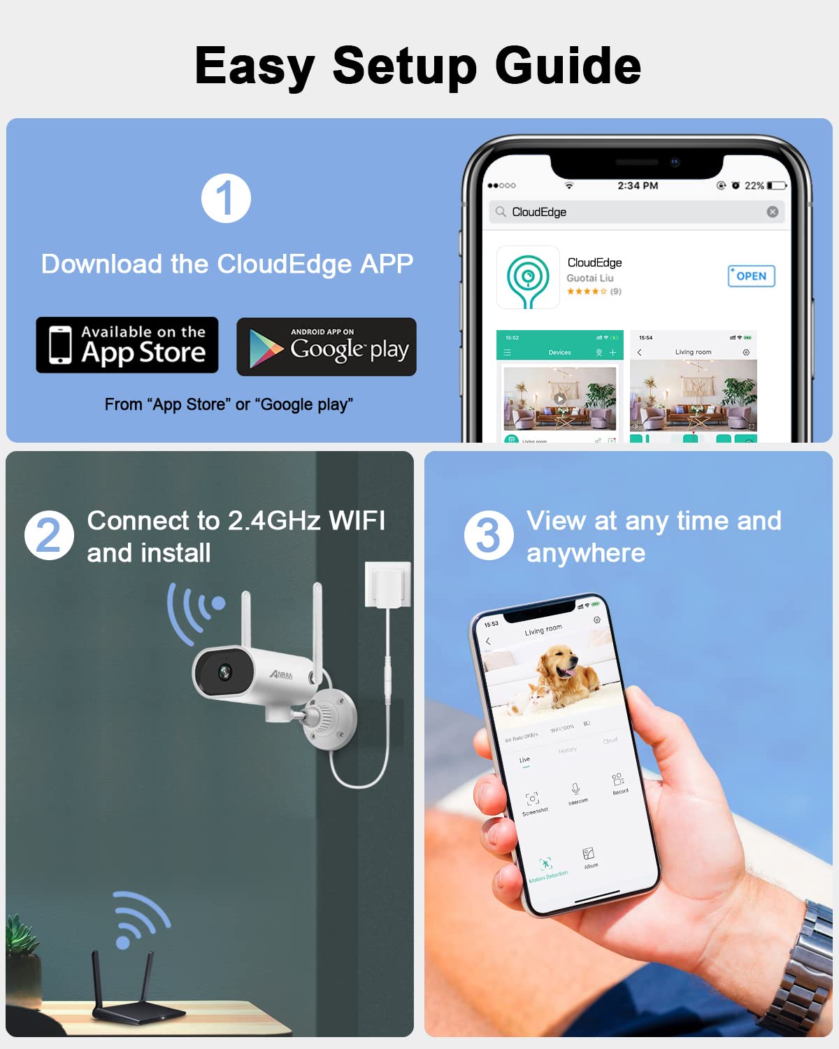 ANRAN Security Camera Outdoor with Pan Rotation 180° Feature, 1080P WiFi Outdoor Security Cameras for Home, IP65 Waterproof, Plug-in Power, 2.4G WiFi, SD and Cloud Storage, B4 White