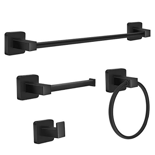 Matte Black Bathroom Hardware Set 4 Pieces,Towel Bar Set Includes 17In Hand Towel Bar, Towel Ring, Robe Towel Hooks,Toilet Paper Holder, Bathroom Towel Rack Set