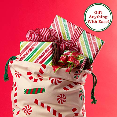 Pudgy Pedro's Party Supplies - Christmas Canvas Gift Bags - X-Large 26" x 19" Cream Peppermint Candy Cane - Jumbo Fabric Present Stocking - 1 ct