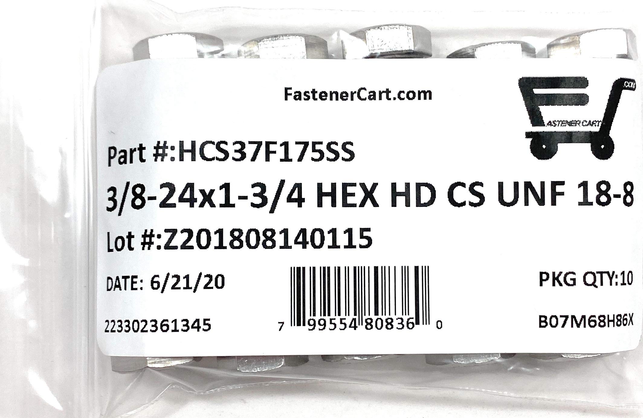 3/8-24x1-3/4 Stainless Steel Hex Cap Screws PT Hex Bolts 18-8 (UNF) FINE Thread (10 pcs)