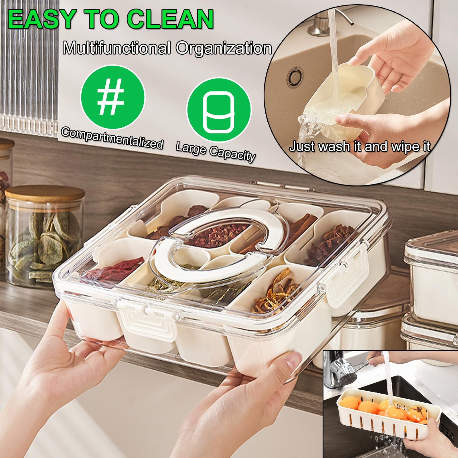 2 Pack Divided Serving Tray with Lid and Handle, 12 Compartments Snackle Box Charcuterie Container for Portable Snack Platters Clear Organizer for Candy Fruits Veggie Snacks Party Entertaining Picnic
