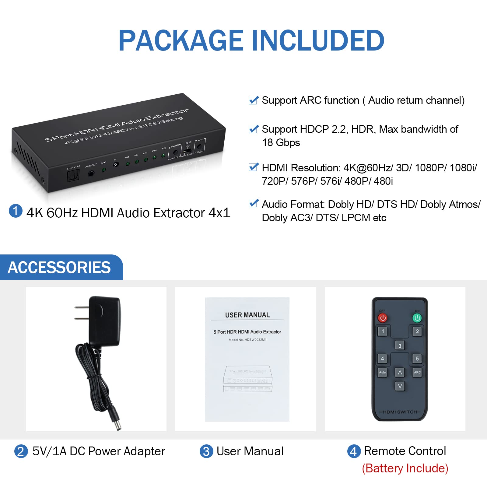 4K@60Hz HDMI Switch 5x1 with Audio Extractor, avedio links 5 Port HDMI Switcher with Optical SPDIF + 3.5mm Audio, 5 in 1 Out HDMI Audio Selector Switch Box with Remote Support HDR10 ARC 18Gbps HDCP2.2