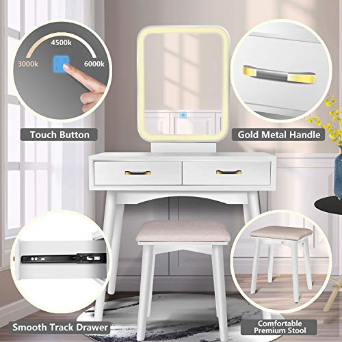 FUNKOCO Vanity Table Set with Lighted LED Touch Screen Dimming Mirror,Makeup Dressing Table with 2 Sliding Drawers, 1 Cushioned Stool for Bedroom, Bathroom (White)