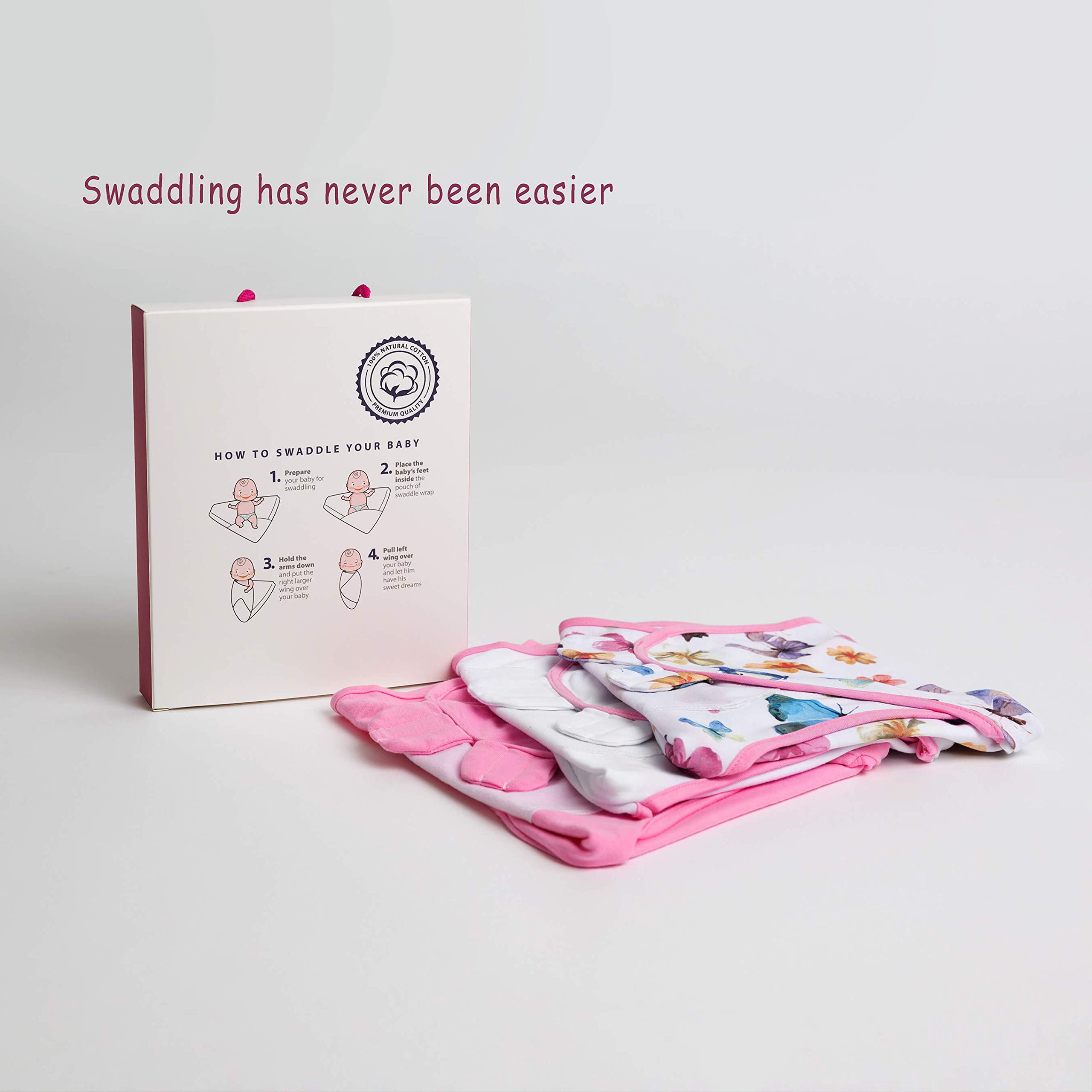 Baby Swaddle Blanket for Newborn Girl, 0-3 Months Small/Medium, 3 pcs Infant Swaddle Sack in a Gift Box, 100% Cotton Adjustable Swaddle Wrap, Pink