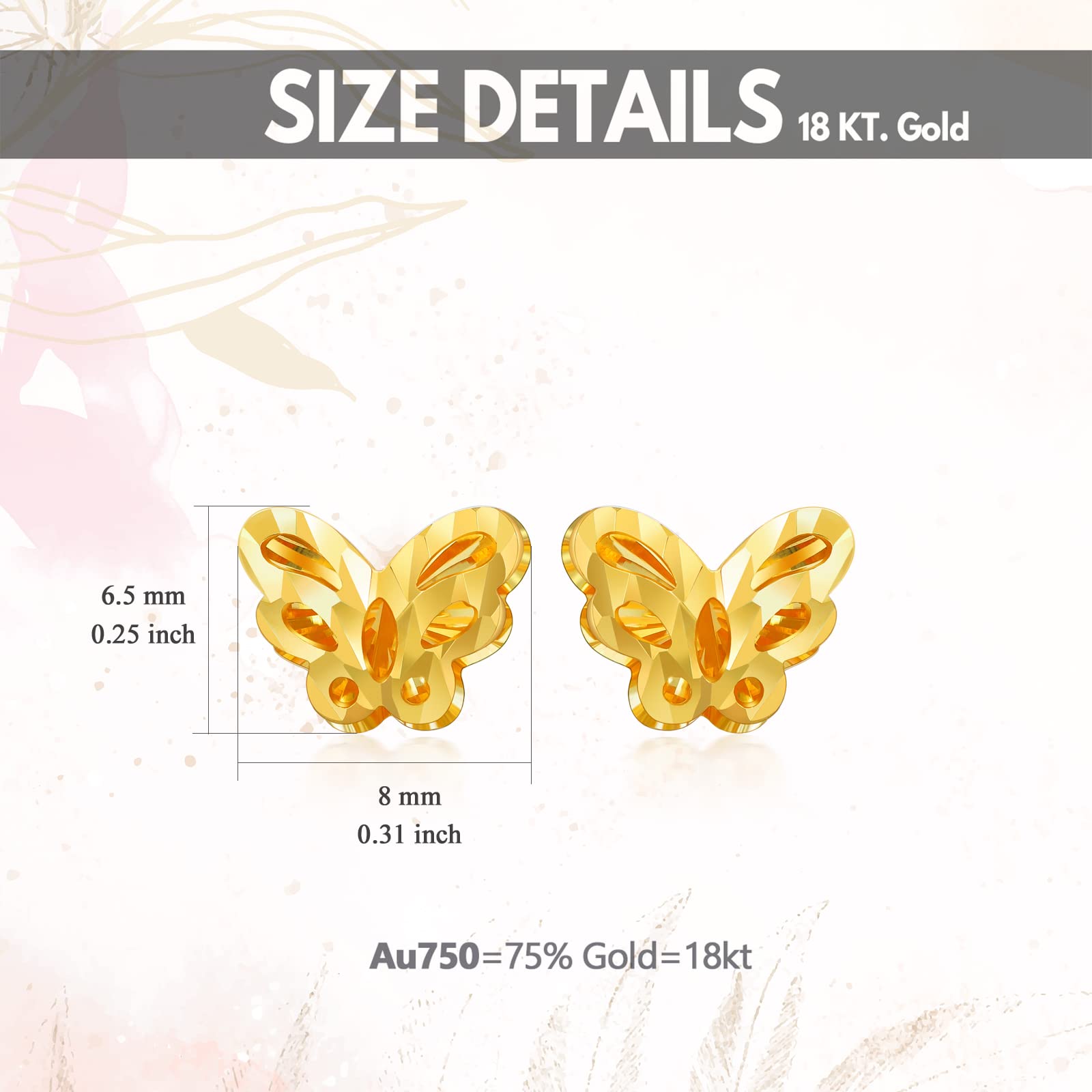 18kt Solid Gold Butterfly Earrings for Women, Delicate Yellow Gold Diamond-cut Butterfly Stud Jewelry Anniversary Present for Her, Wife, Mom, Girlfriend