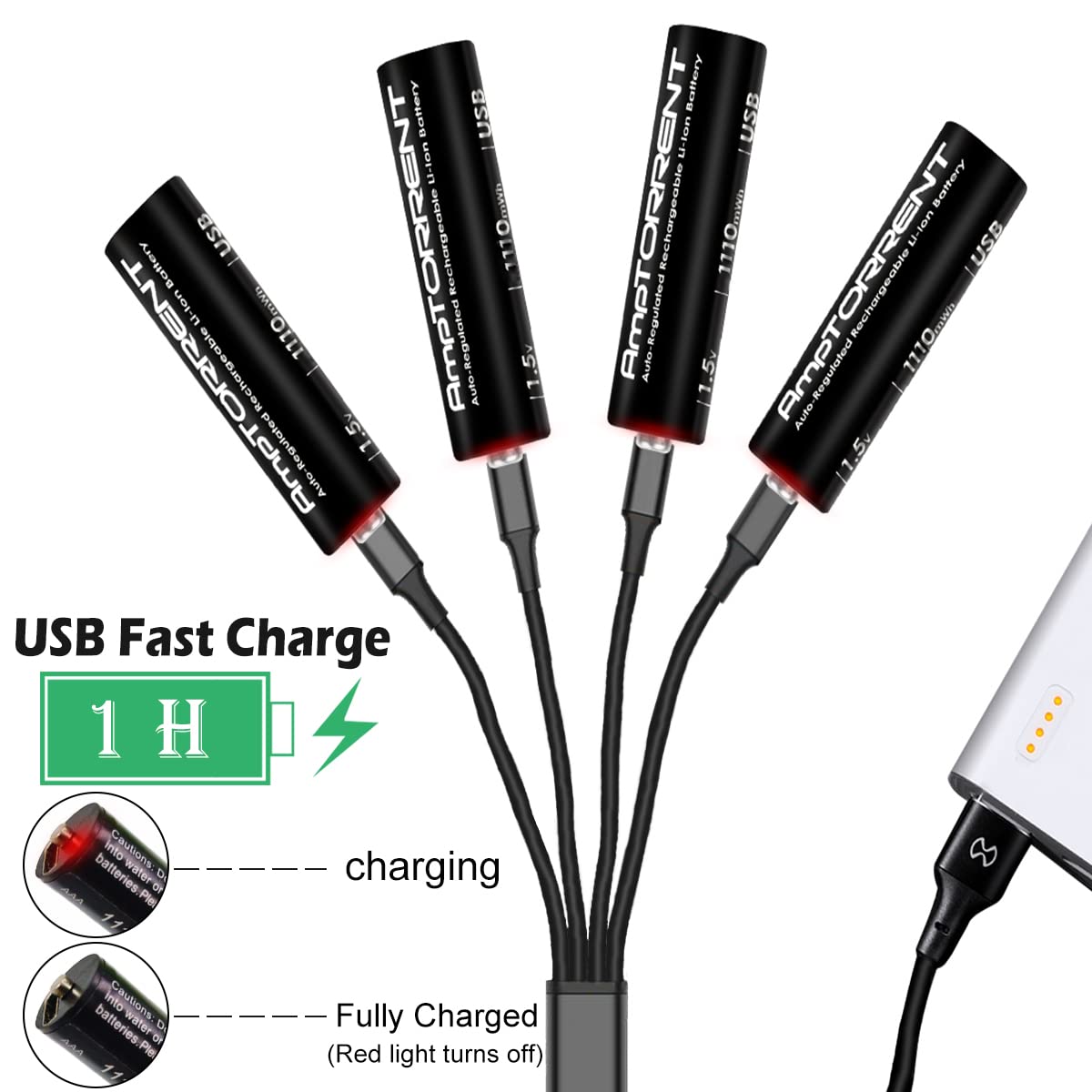 AmpTORRENT AAA Lithium Rechargeable Batteries, 1110mWh Lithium Rechargeable AAA Batteries, Lithium AAA Battery with 4in1 USB Cable, 1.5V Constant Output, High Capacity, 1h Fast Charging, 1200 Cycles