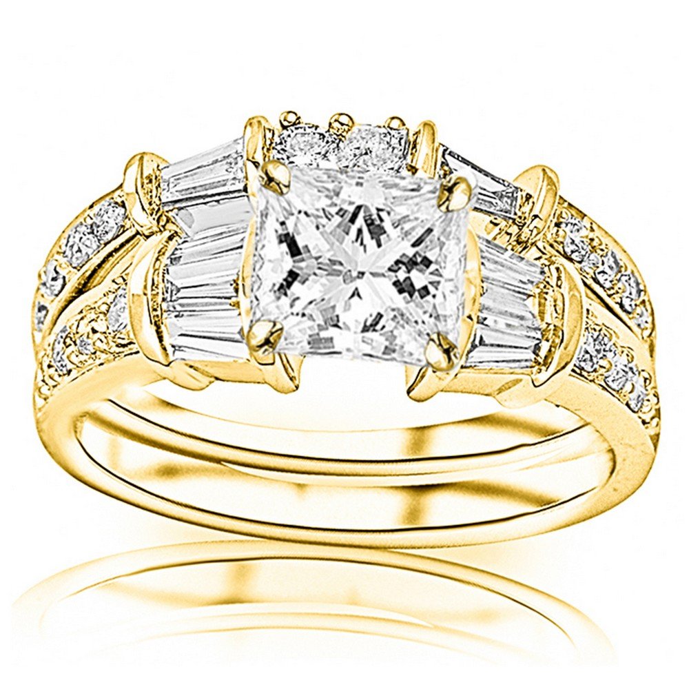 14K Yellow Gold 1.33 CTW Princess Cut Baguette And Round Brilliant Diamond Engagement Ring and Wedding Band Set, F-G Color SI2-I1 Clarity 0.5 Ct Center
