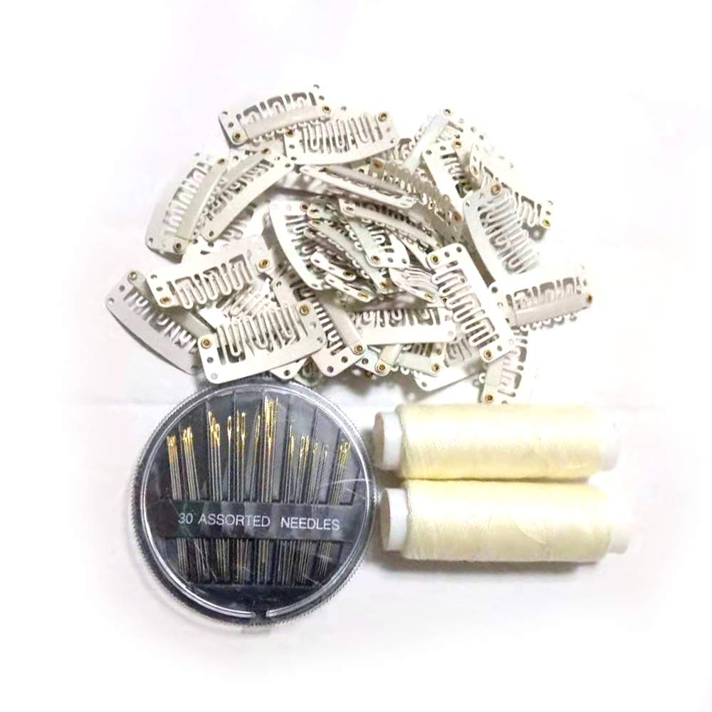 50pcs Hair Extensions Clips U-Shape Stainless Steel Snap Clips for Wigs and Hair Extensions and Hairpieces 30 Assorted Sewing Needles and 2 Rolls Thread (Blonde)