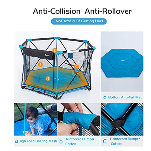 Abon Portable 6 Panel Play Pen Playard for Infants and Babies Indoor and Outdoor, Lightweight Mesh Toddler Hexagon Fence Play Area Washable,Foldable 53" Wx 30" H(Blue)…