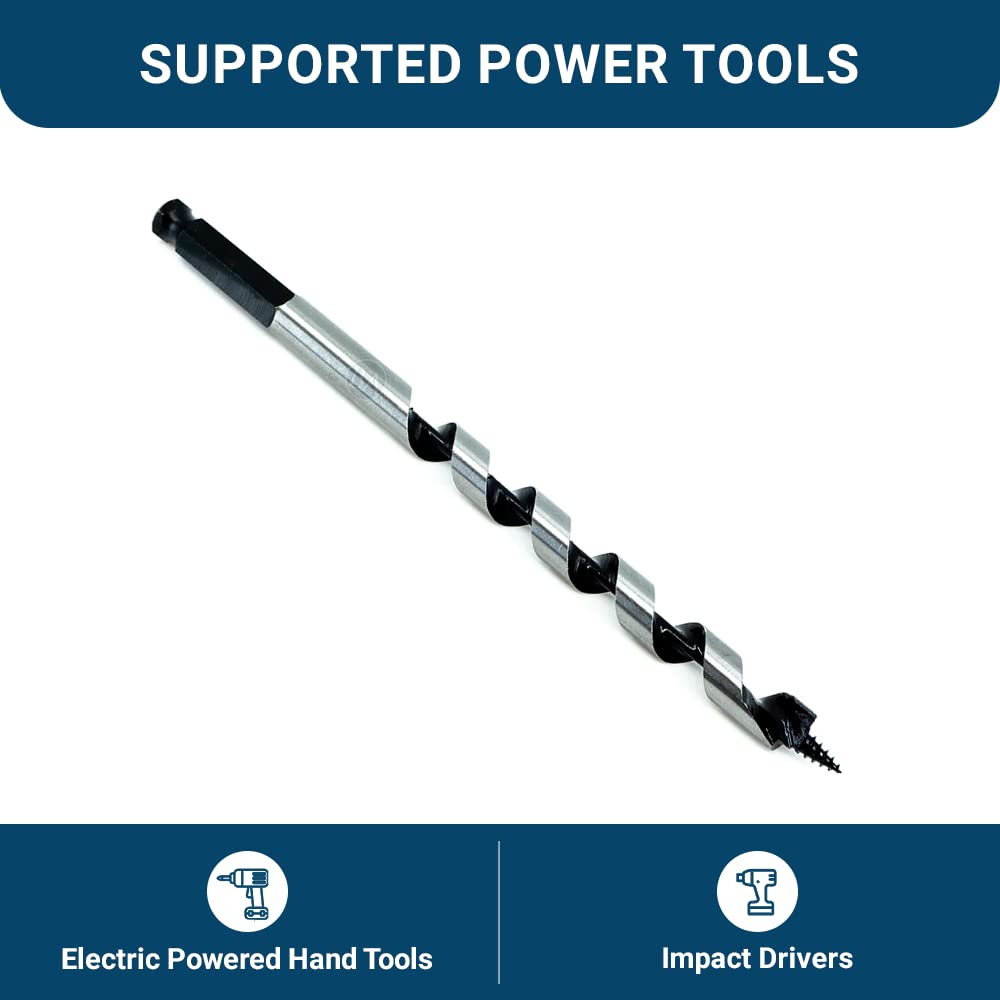 Benchmark Abrasives 1/2" Auger Drill Bit for Wood, 7/16β Hex Shank, Fast Drilling Bits for Soft and Hard Wood, Plastic, Plywood, Lumber, Drywall, and Composite Materials (1/2")