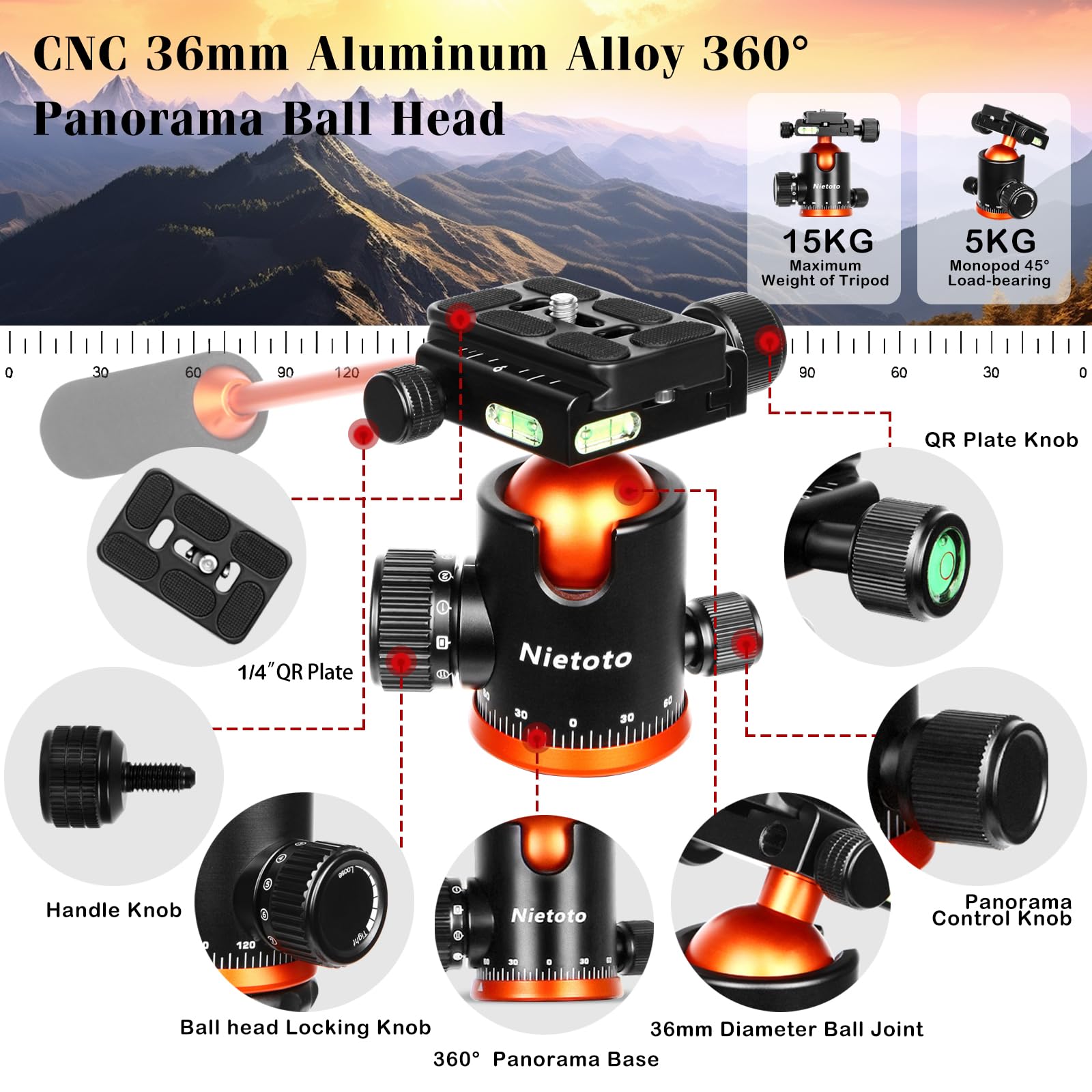 2 in1 Lightweight Video Camera Tripods • 68" Tripod for Camera and Camcorder • 360° Ball Head Tripod with Removable Handle • Extra 1/4" QR Plate and Phone Holder • Compatible with Canon Nikon Sony
