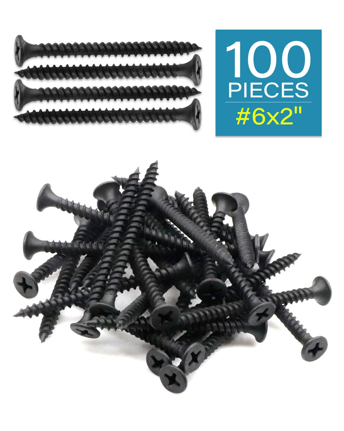 IMScrews 100pcs #6x2 Flat Head Phillips Drywall Screws Fine Thread Sharp Point Wood Screw, Carbon Steel 1022A, Black Phosphate