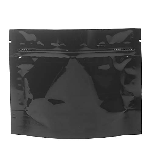 QQ Studio Pack of 100 Double-Sided Glossy Wide Mouth Smell Proof Stand Up Resealable Pouch Bags (Glossy Black, 6.5x5" (3oz))