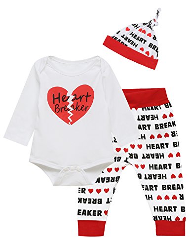 bakjuno Valentine's Day Baby Boys Girls Outfit Sets Heart Breaker Long Sleeve Romper Pants with Hat (0-3 Months) White