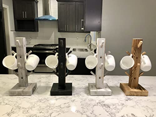 16" Solid Wood Coffee Mug Stand | Coffee Mug Tree | Coffee Mug Rack | Coffee Cup Holder | Adjustable / Removable Hooks | Holds 10 Mugs | Collapsible for Storage | Jewelry / Watch Organization (White)