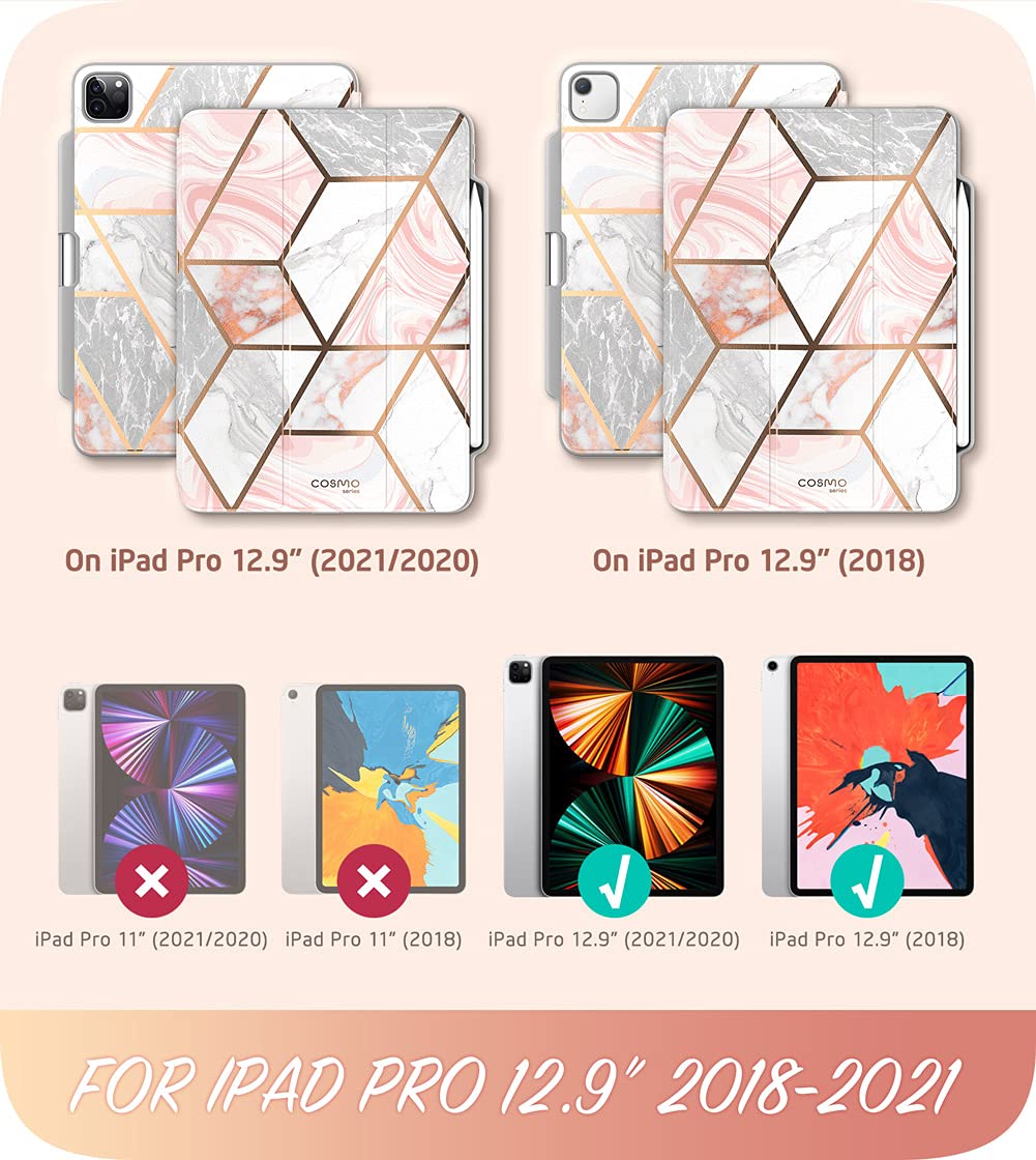 i-Blason Cosmo Case for New iPad Pro 12.9 Inch (2022 2021 2020 Release), Full-Body Trifold Stand Protective Case Smart Cover with Auto Sleep/Wake & Pencil Holder (Marble)