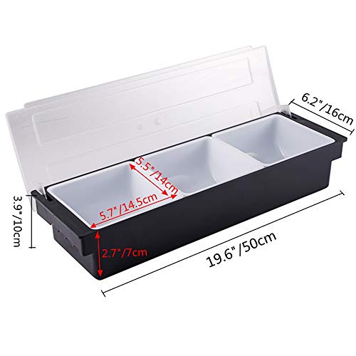 FEOOWV Fruit Veggie Condiment Caddy with Lid, 3 Compartment Plastic Dispenser Tray for Catering Dips Toppings, Serving Taco, Ice Cream, Fruit, & Salad Bar Garnish Organizer for Restaurant Supplies