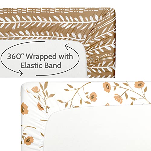 2 Pack Fitted Crib Sheets and Changing Pad Covers for Girl, Soft and Comfortable, Retro Brown Flower