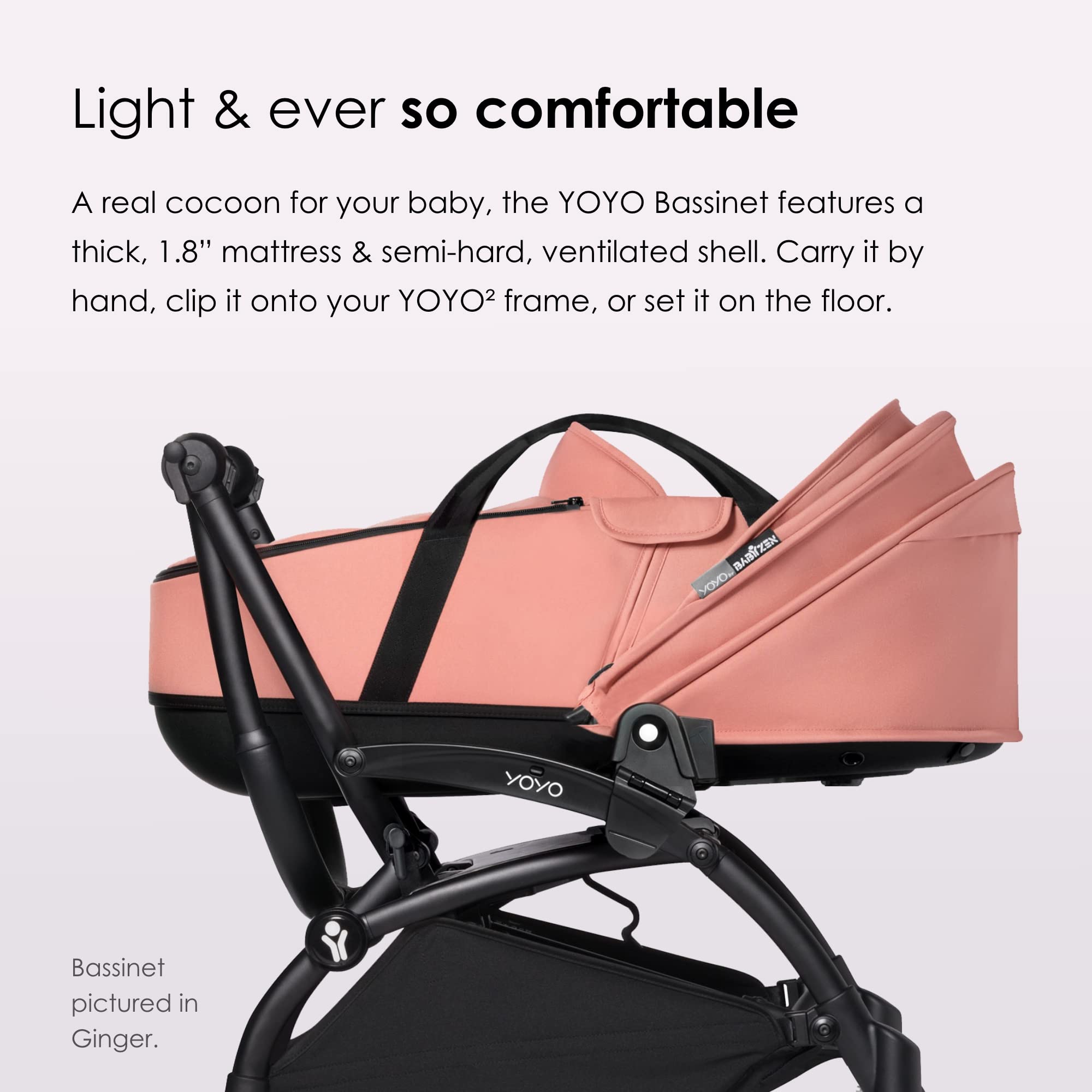 BABYZEN YOYO2 White Frame + Grey Bassinet - Includes Thick Double Mattress, Ventilated Shell & Canopy