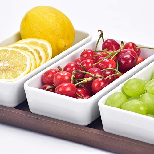Creamic Snack Serving Tray 3 Pieces Long Strip Ceramic Bowls and A Brown Trays, Movable Moisture-Proof Food Bowls, Can Dress up Snacks, Fruits, Condiments, Bread, Barbecue, appetizers