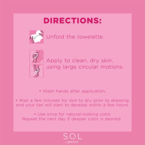 SOL by Jergens Full Body Self Tanner Towelettes, Streak-free Natural-Looking Sunless Tanning Wipes, 6 Count, Infused with Coconut Water and Vitamin E, Sun-inspired Color in 4 Hours