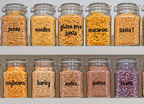 168 Pantry Labels for Food Storage Containers, Black Text Printed on Clear Waterproof Labels, Household Stickers + Numbers, Water Resistant, Organization for Kitchen Jars and Canisters & Storage Bins