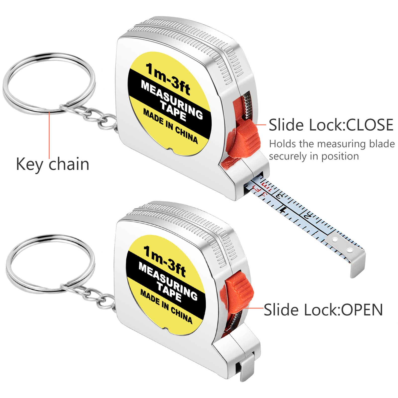 20 Pieces Tape Measure Keychains Functional Mini Retractable Measuring Tape Keychains with Slide Lock for Birthday Party Favors and Daily Use, 1 m/ 3 ft (20)