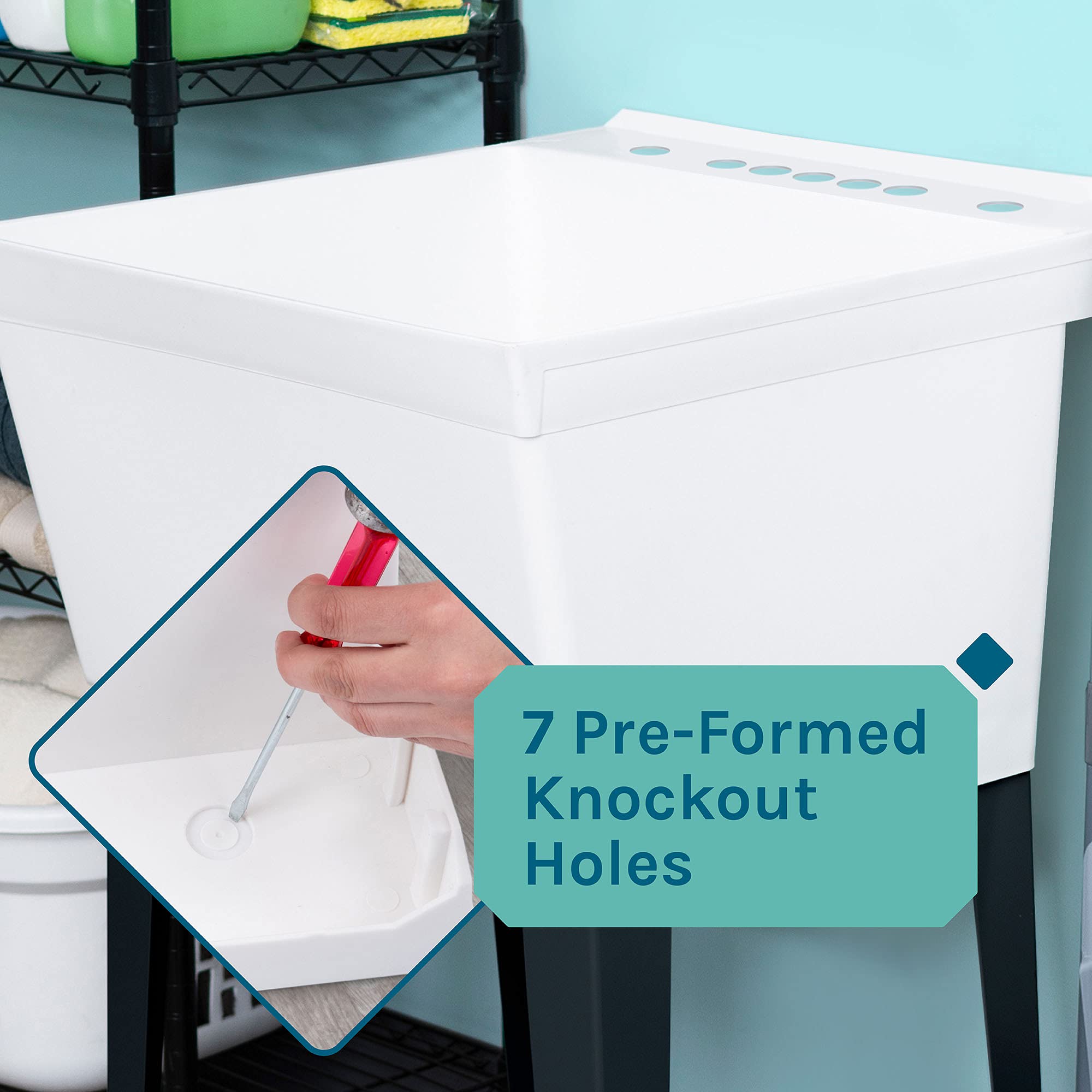 19 Gallon Utility Sink Laundry Tub by JS Jackson Supplies with Adjustable Metal Legs, Ideal for Laundry room, Basement, or Garage Workshop. Heavy Duty Shop Sink. No Faucet Included (White)