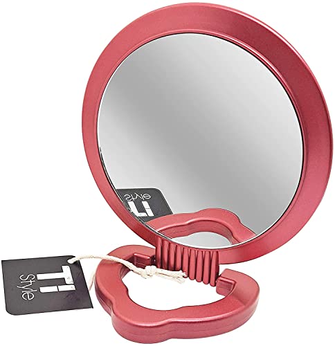 Double Sided Magnifying Mirror - Vanity Round Makeup Mirror with 1x and 5x Magnification - Mirror Stand with Adjustable Handle - Light, Compact Mirror - Portable, Standing Mirror for Travel (Red)