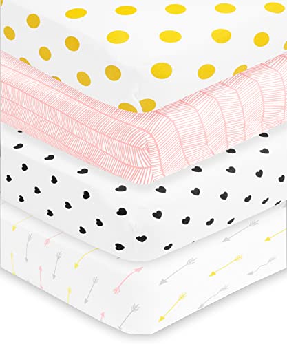 BaeBae Goods Crib Sheets for Baby Boys and Girls, 4 Pack, Soft and Breathable Jersey Knit Fitted Sheet Set, Cute Gender Neutral Nursery Mattress Bedding, Universal Fit (Gold Dots)