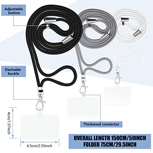 3 Pcs Universal Nylon Phone Lanyard, Smartphone Strap Cell Phone Lanyard Mobile Phone Lanyards with Adjustable Neck Strap, Detachable Clear Pad for Women and Men Most Smartphones, White+Grey+Black