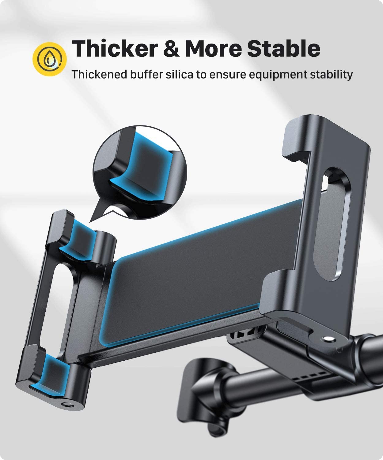 Bakel Portable Electronic Device Mount, Black, Compatible with iPhone, iPad, 6"-10" Tablets, 4.7"-8" Cell Phones, Fits Headrests 5.2in-5.7in Wide, Never Shakes, Hook 2 in 1
